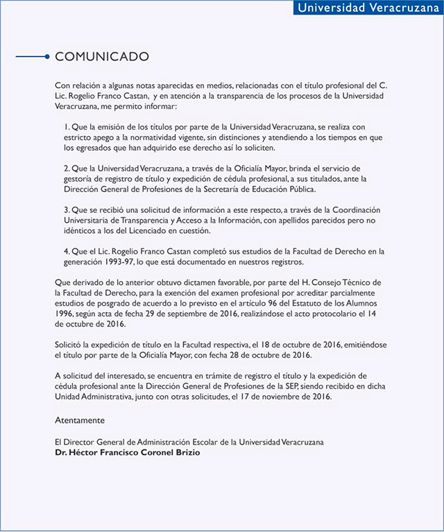 Exentó UV a Rogelio Franco del examen profesional por estudios ...