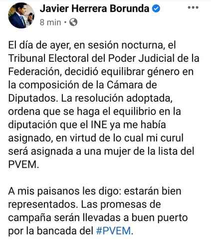 Por paridad de género, quitan pluri a Javier Herrera Borunda - Al Calor Político