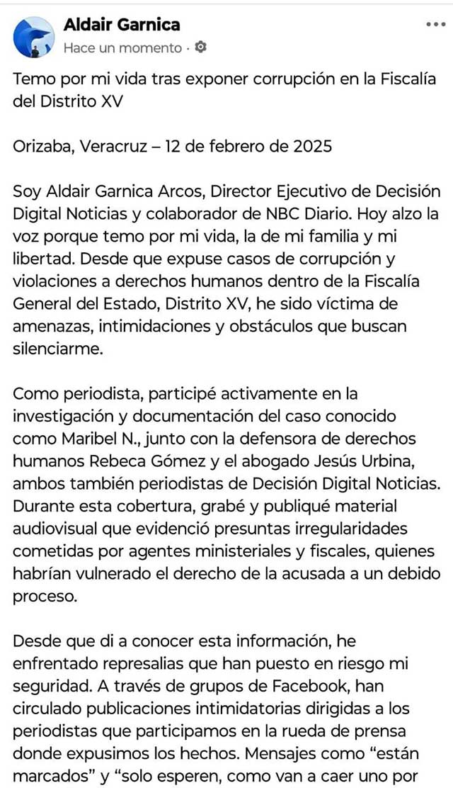 Periodista de Orizaba dice temer por su vida por revelar anomalías en Fiscalía Regional - Al ...