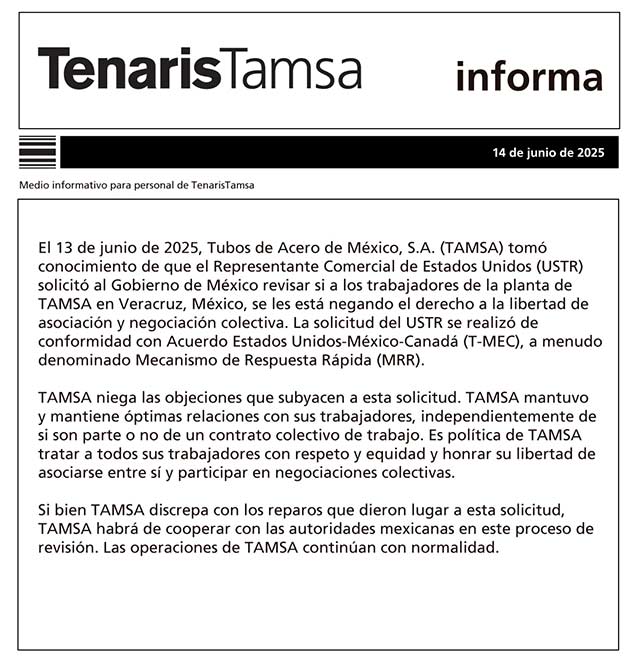 TAMSA rechaza señalamientos de EU; mantiene óptimas relaciones con sus ...