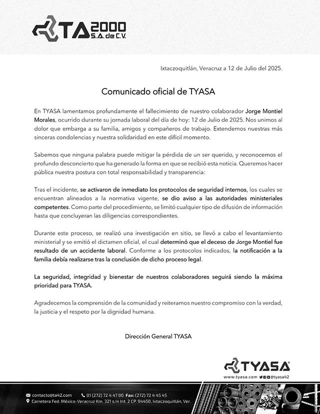 Muere trabajador de TYASA, en Ixtac; familiares reclaman que empresa no ...