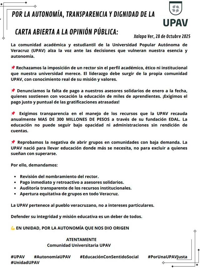UPAV sigue sin pagar a asesores y directores solidarios; exigen ...